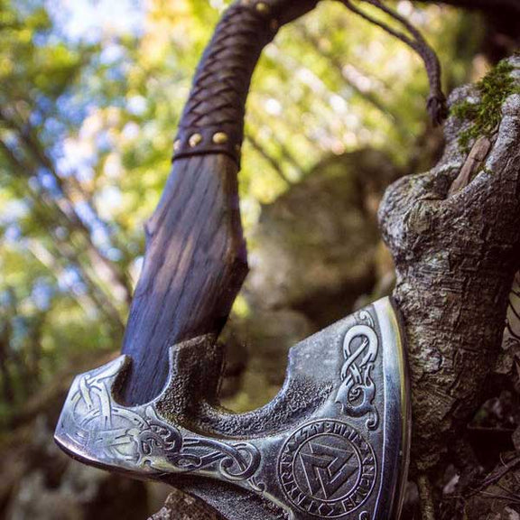 Custom Hand Forged Odin Valknut Symbol Etched Carbon Steel Viking Axe ...