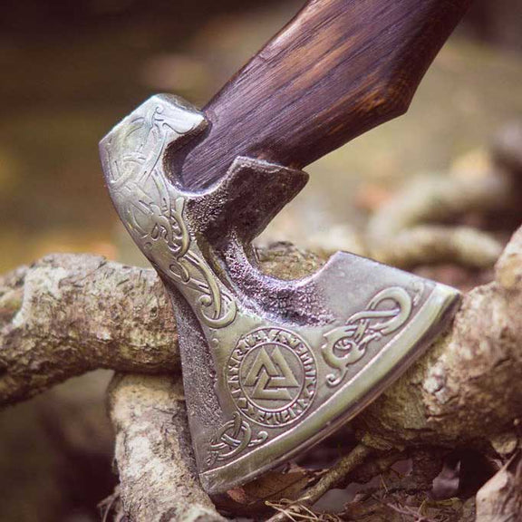 Custom Hand Forged Odin Valknut Symbol Etched Carbon Steel Viking Axe ...